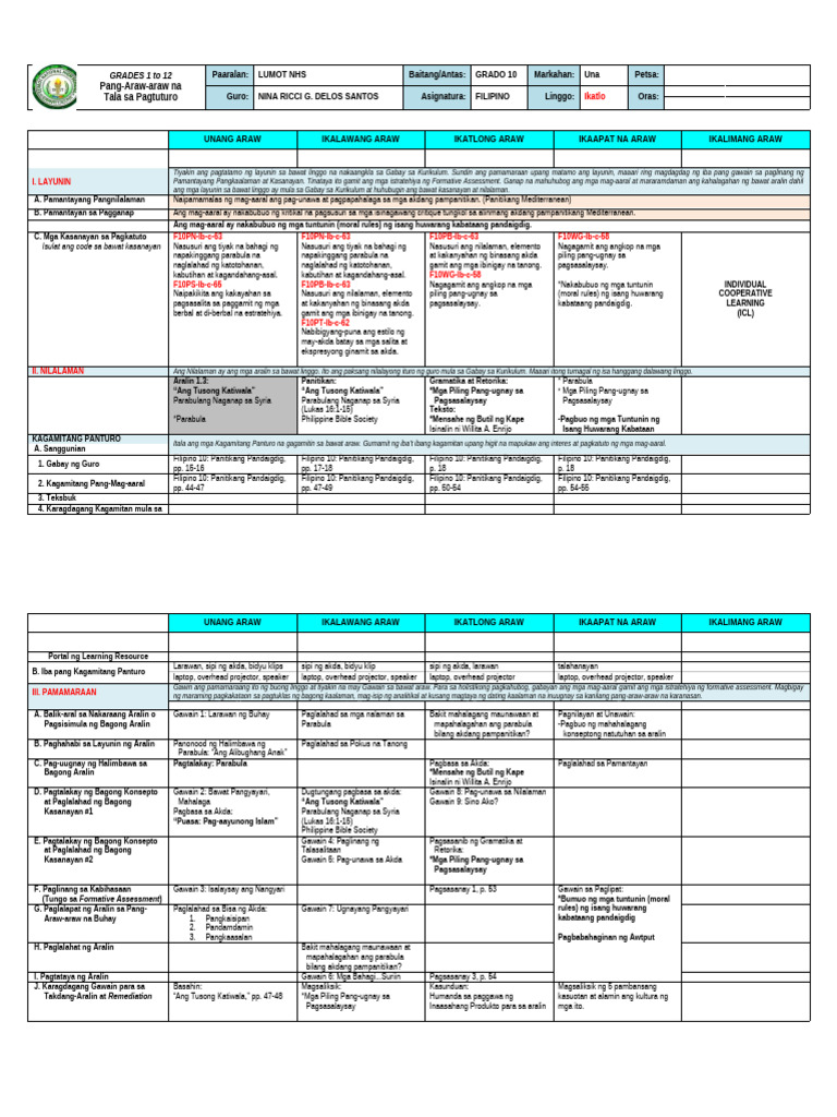3 DLL IN FILIPINO 10. Aralin 1.3 | PDF
