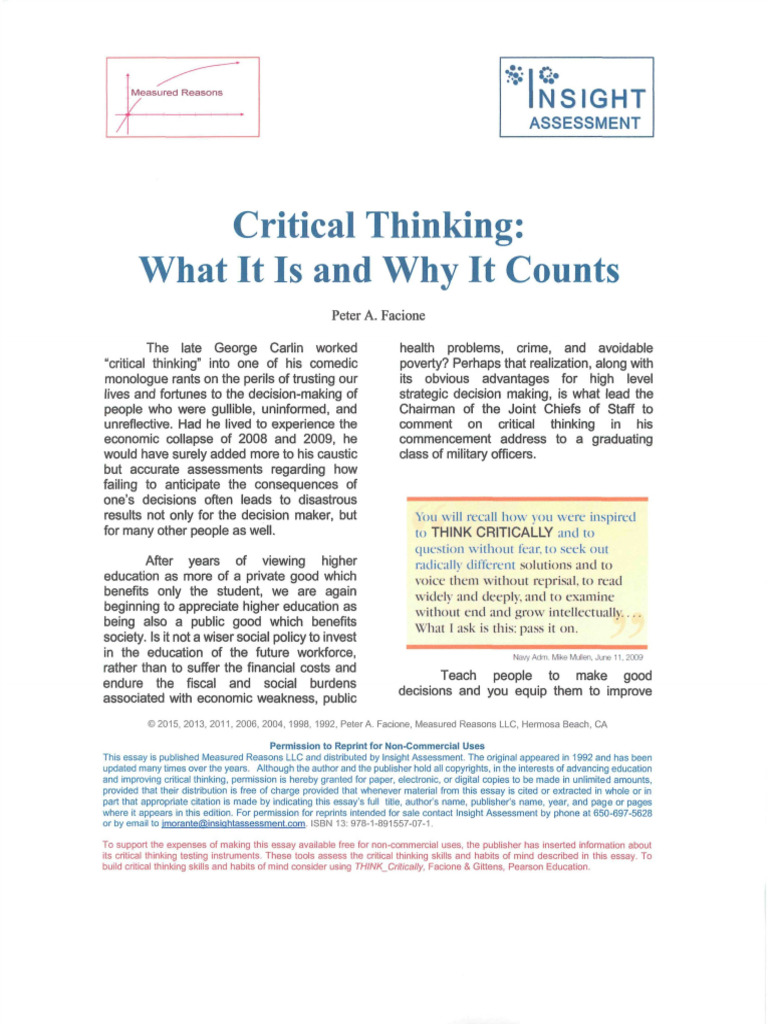 Critical Thinking by Peter Facione | PDF | Thought | Critical Thinking