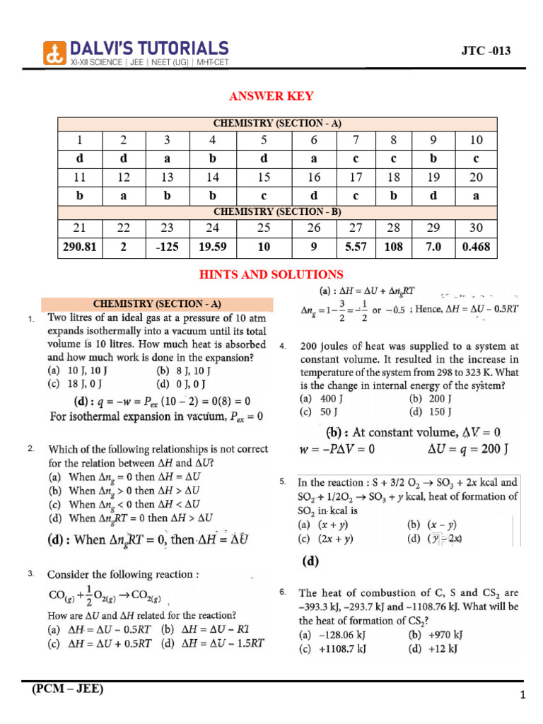 Xii - Jee - JTC - 013 - Jee - Chem-Thermodynamics & Ionic Equilibrium-Hints & Solution - 13.10. ...