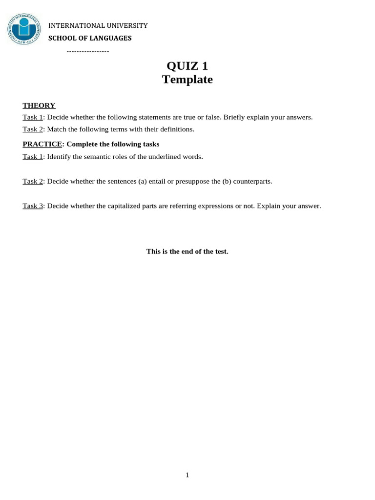 Semantics - Quiz 1 - Template | PDF | Teaching Methods & Materials