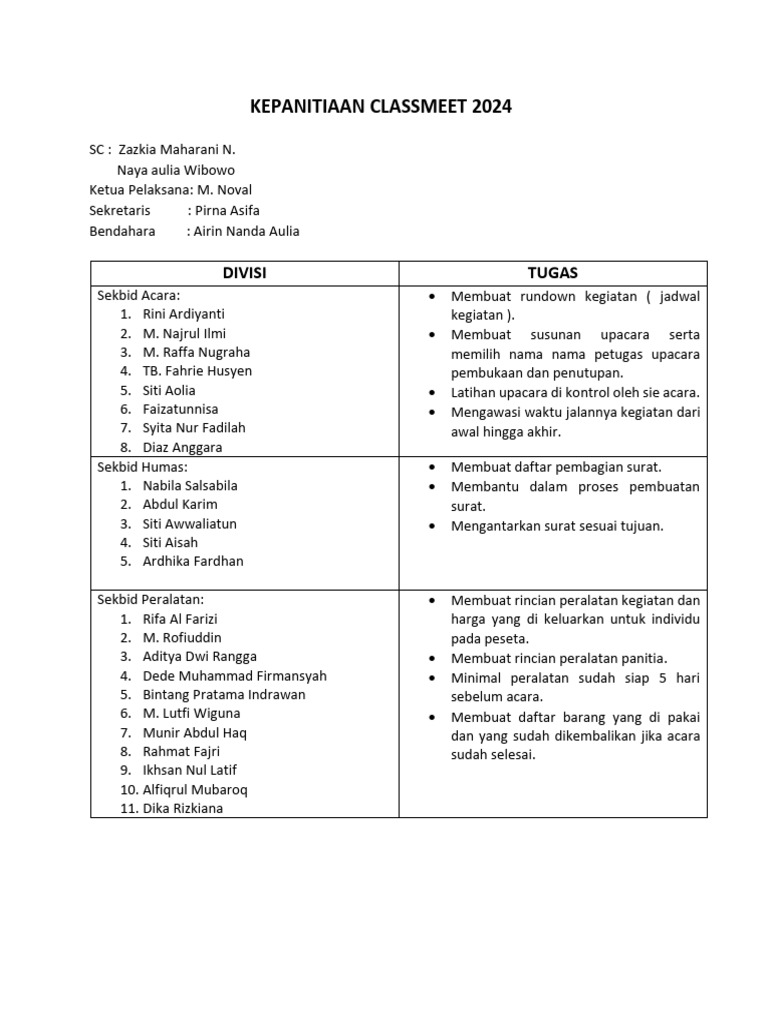 Kepanitiaan Classmeet 2024 | PDF
