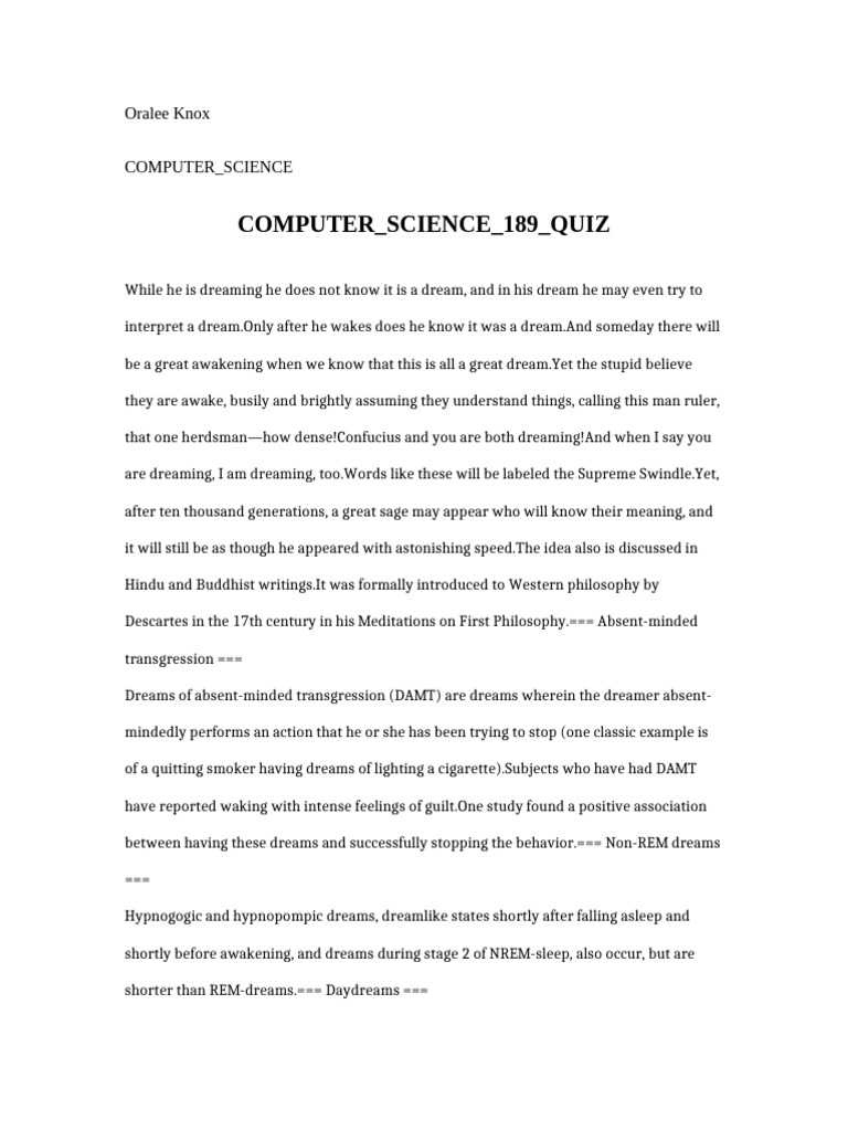 Computer Science 189 Quiz | PDF | Dream | Psychological Concepts