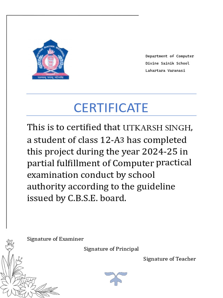 Class 12 Computer Project Certificate | PDF
