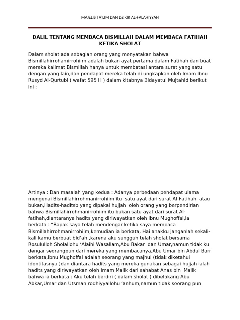Dalil Tentang Membaca Bismillah Dalam Membaca Fatihah Ketika Sholat | PDF | Agama & Spiritualitas