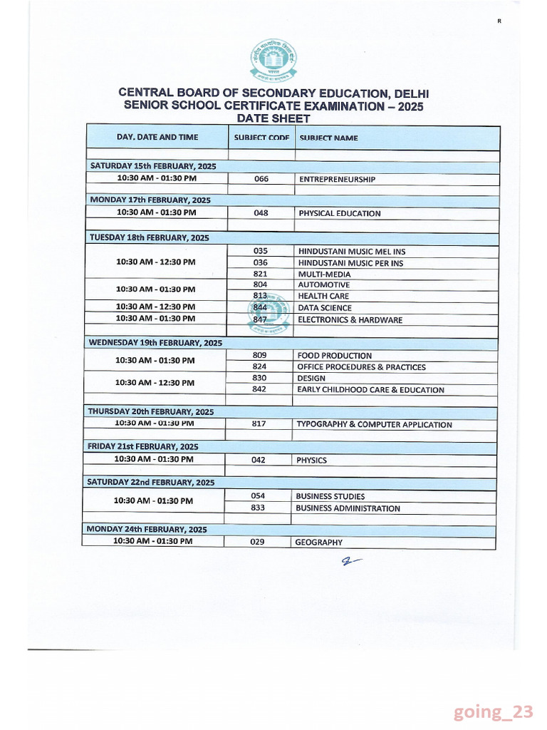 Cbse Class 12 Timetable Board | PDF