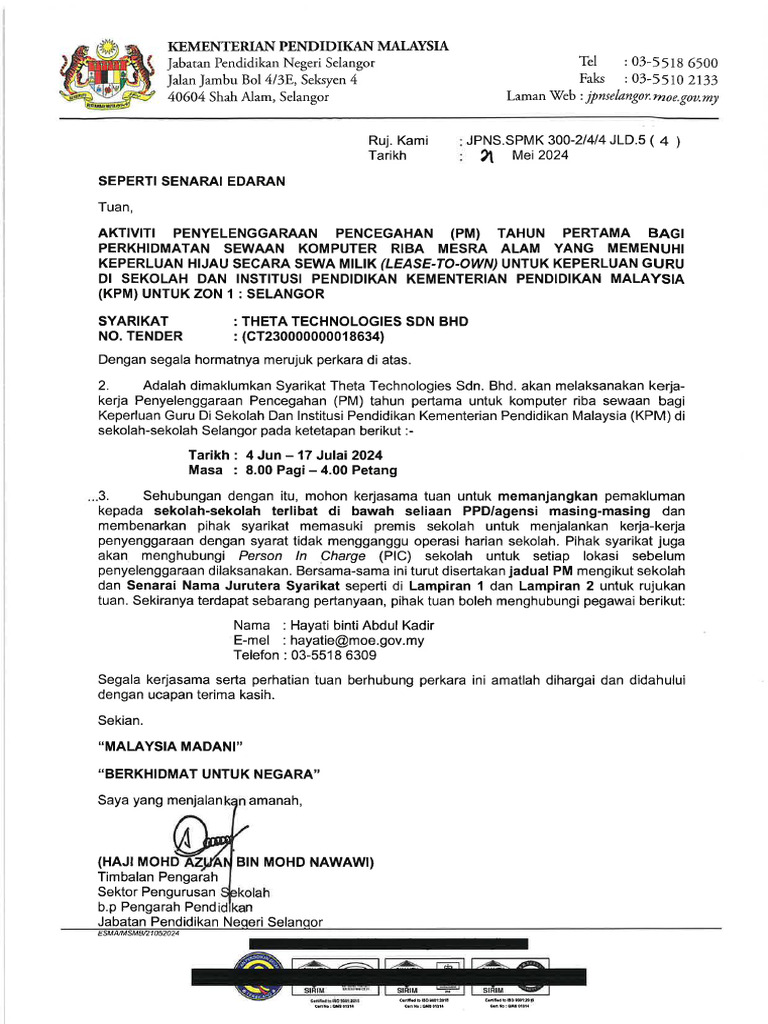 Surat Melaksanakan Aktiviti PM THN Pertama Oleh Syarikat Theta | PDF