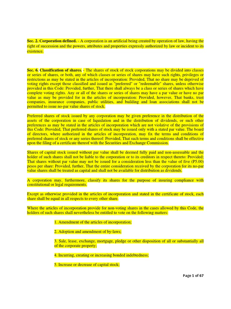 Sec. 2. Corporation Defined. - A Corporation Is An Artificial Being ...
