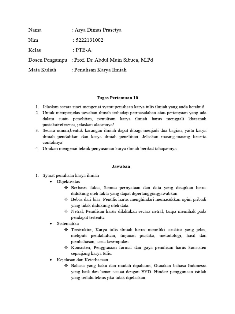 TR Pert 10 - Arya Dimas Prasetya - Penulisan Karya Ilmiah - Pte A | PDF ...