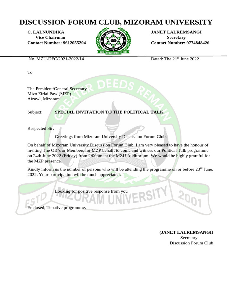 Political Talk Invitation at MZU | PDF | Social Science