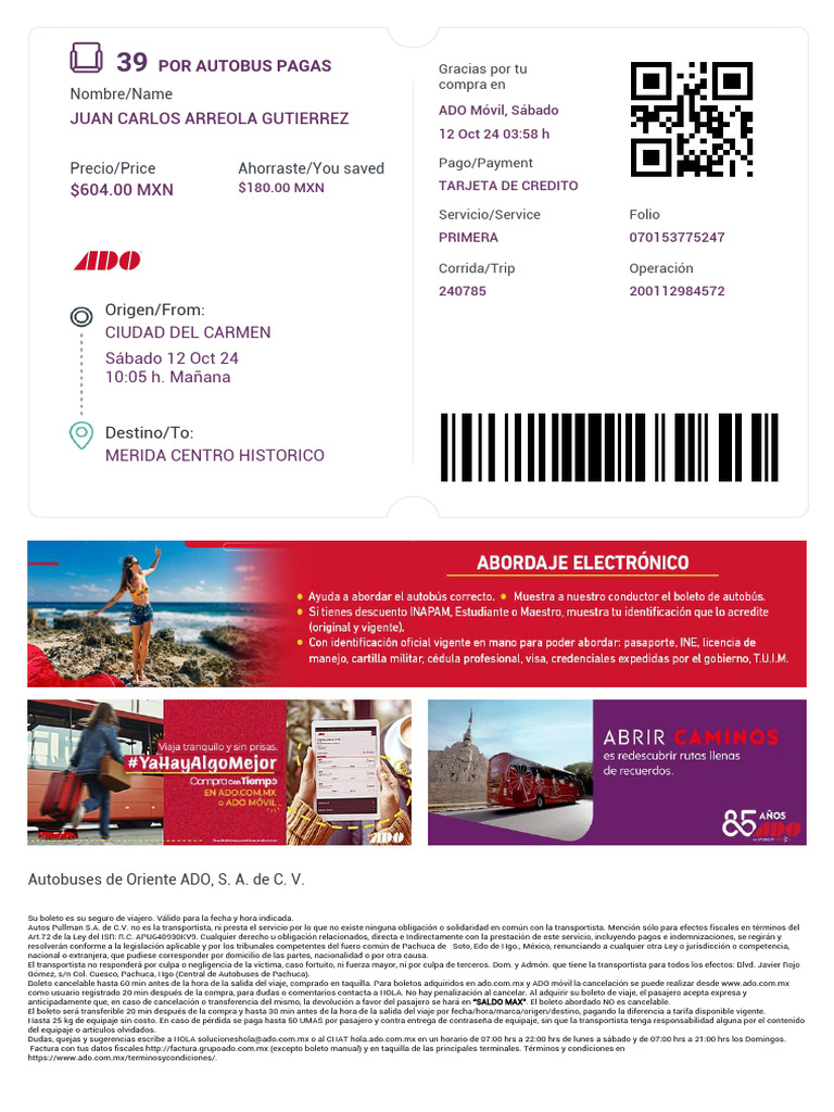 Boletos ADO: Precio y horarios Monterrey | PDF | Pasajero