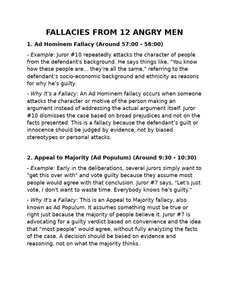 Logical Fallacies in 12 Angry Men | PDF | Politics | Law