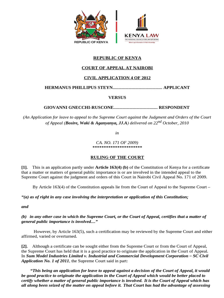 Hermanus Phillipus Steyn V Giovanni GnecchiRuscone (Civil Application ...