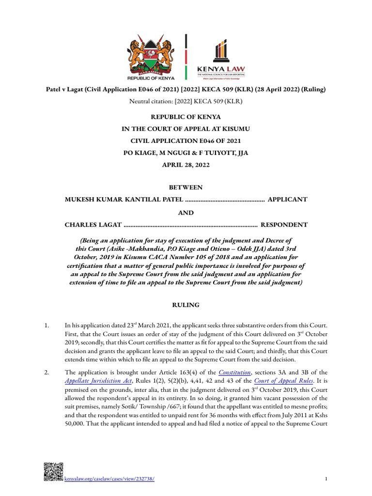 Patel V Lagat (Civil Application E046of2021) 2022KECA509 (KLR ...