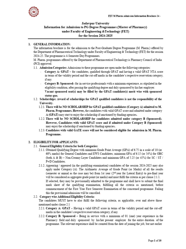Final Brochure For MPharm Admission 2024-25 | PDF | Technology & Engineering