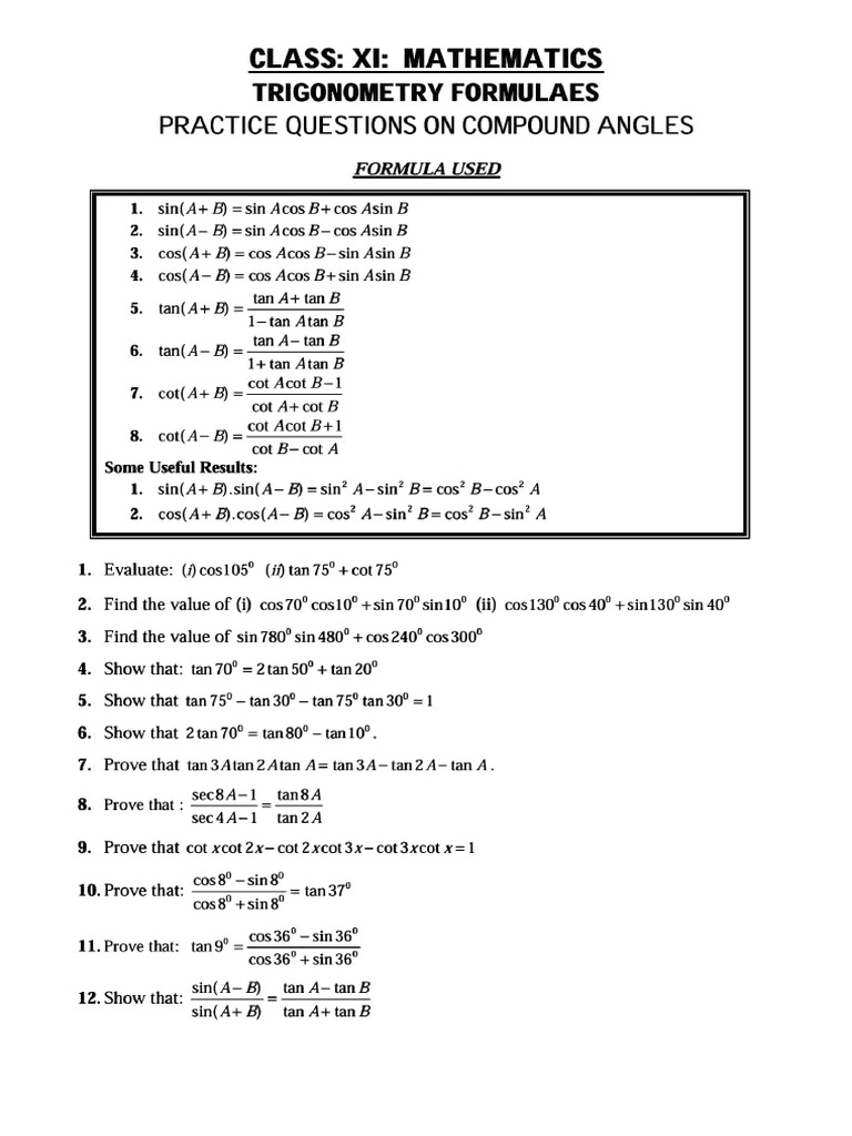 Trigonometry Question Set 11th Cbse | PDF | Trigonometry | Geometry