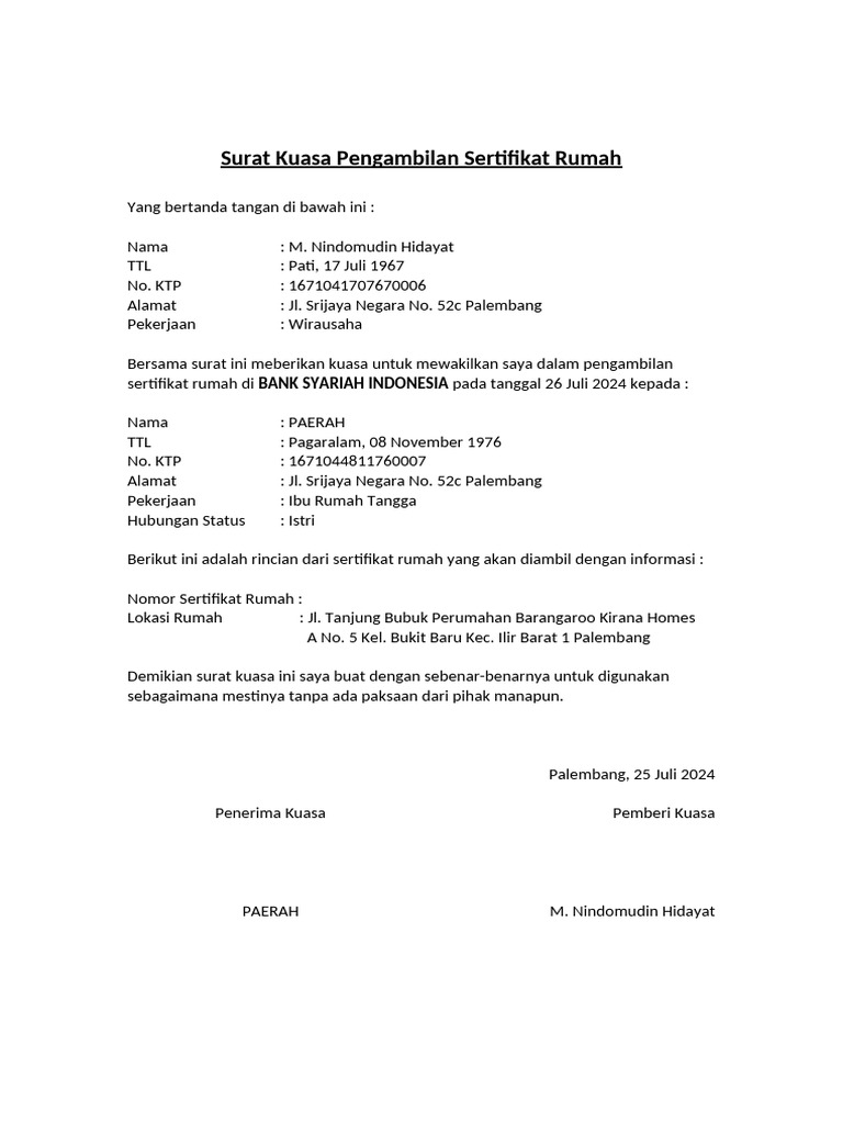 Surat Kuasa Pengambilan Sertifikat Rumah | PDF