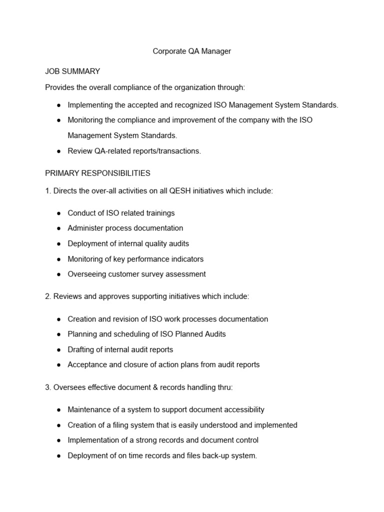 Corporate QA Manager Job Description | PDF