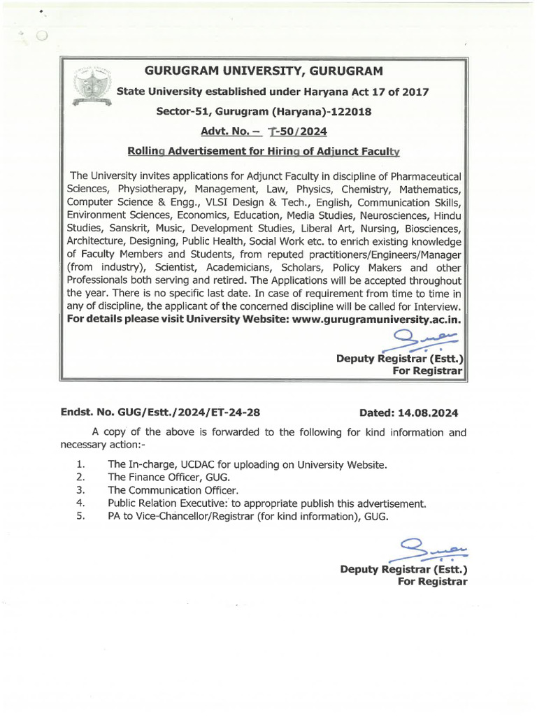 Rolling Advt. For Hiring of Adjunct FacultiesRolling Advt. For Hiring of Adjunct Faculties | PDF