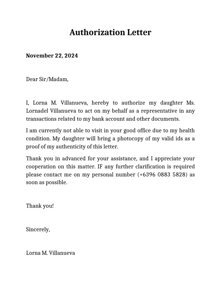 Authorization Letter for Bank Transactions | PDF