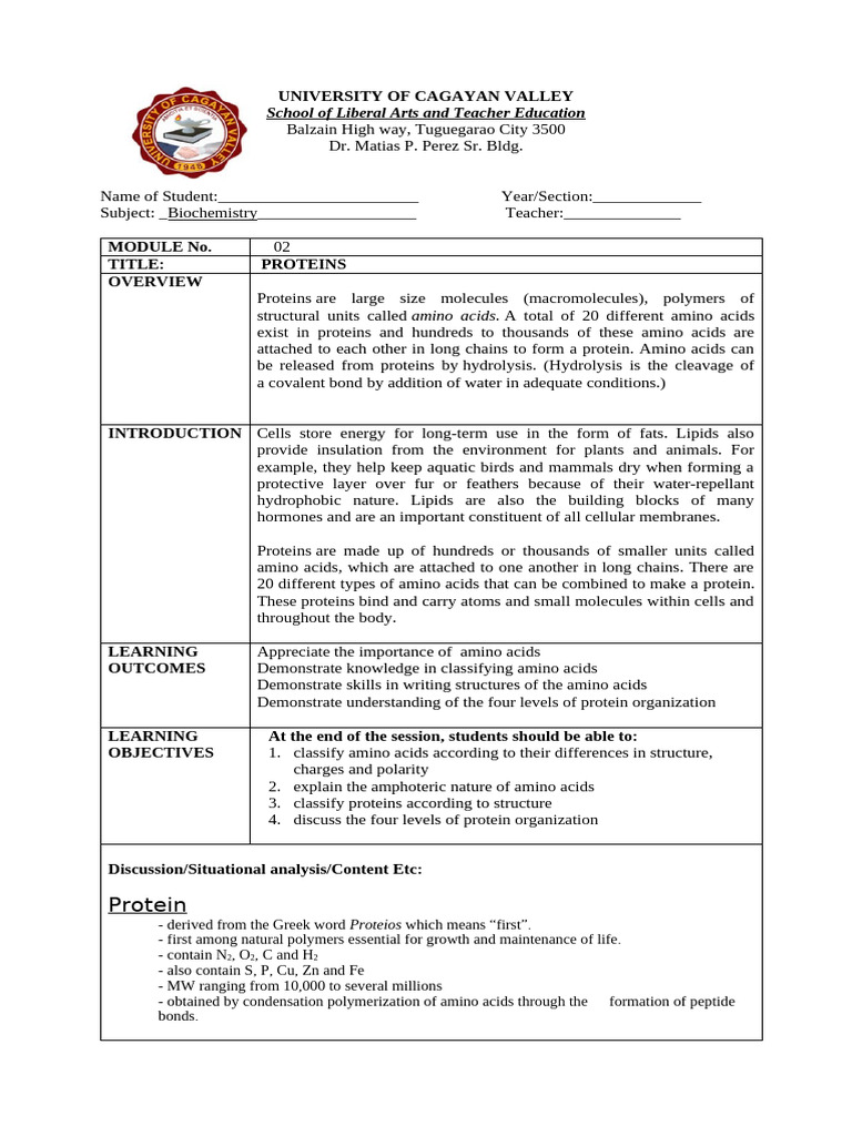 Module - Midterm Biochem - 02 | PDF | Proteins | Amino Acid