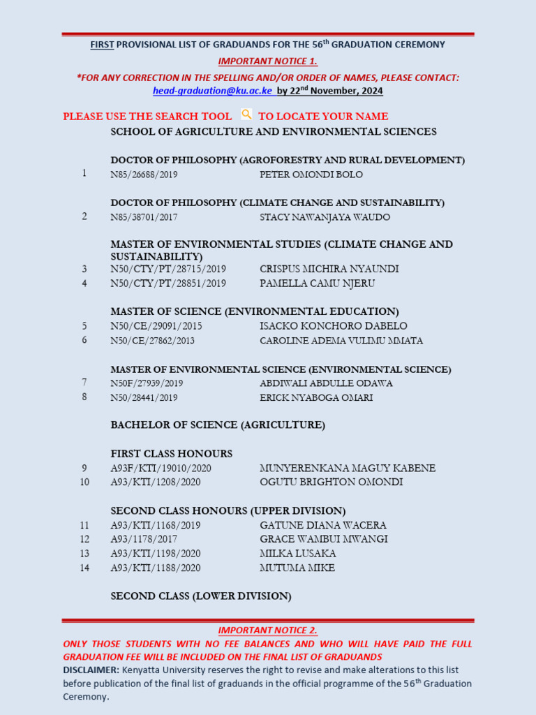 First Provisional List of Graduands For The 56TH Graduation Ceremony ...