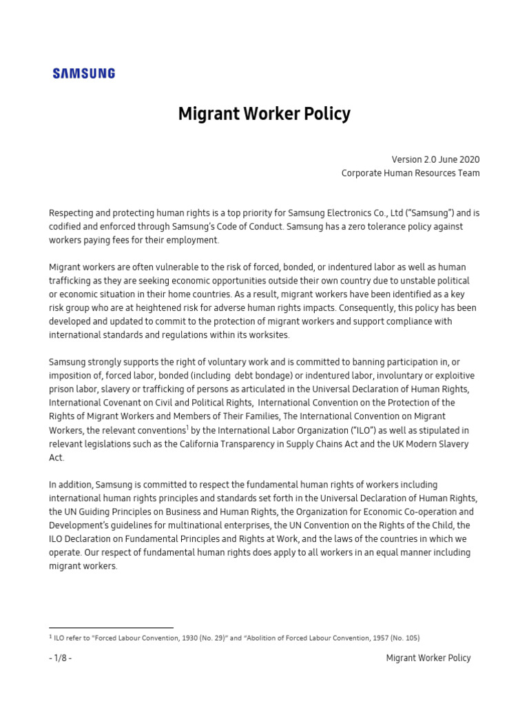 Samsung Migrant Worker Policy | PDF | Employment | International Labour ...