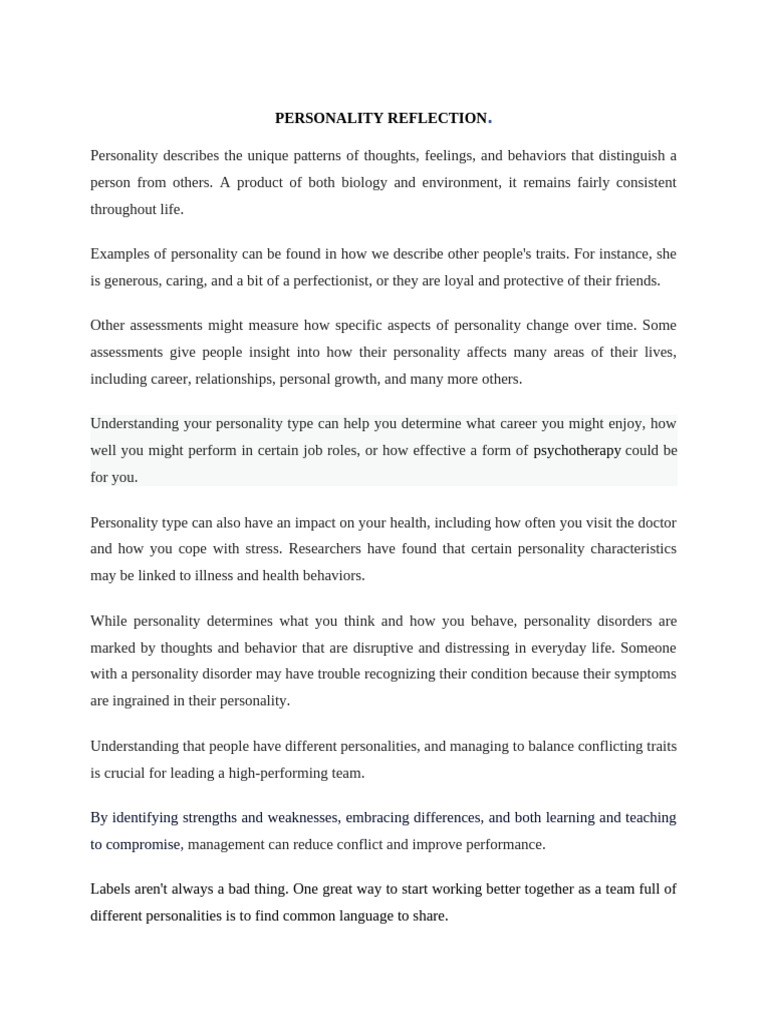 PERSONALITY REFLECTION | PDF | Mental Disorder | Thought
