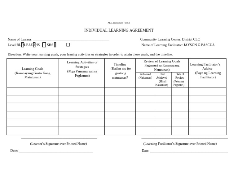 ALS Assesment Form 1 | PDF