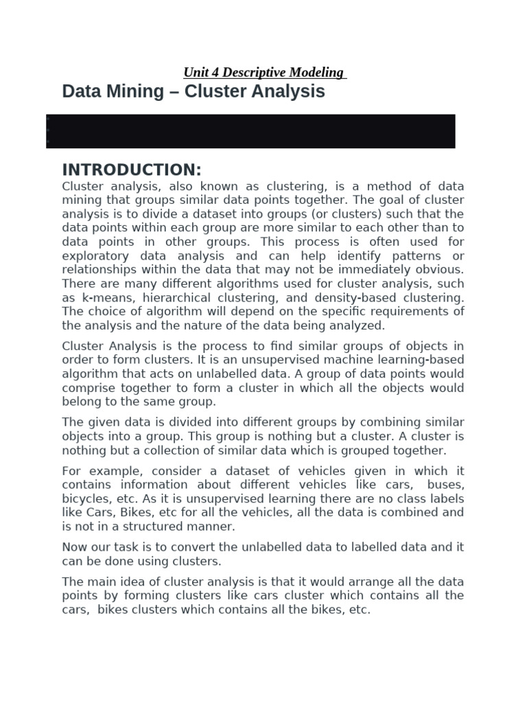 Unit 4 Descriptive Modeling | PDF | Cluster Analysis | Outlier