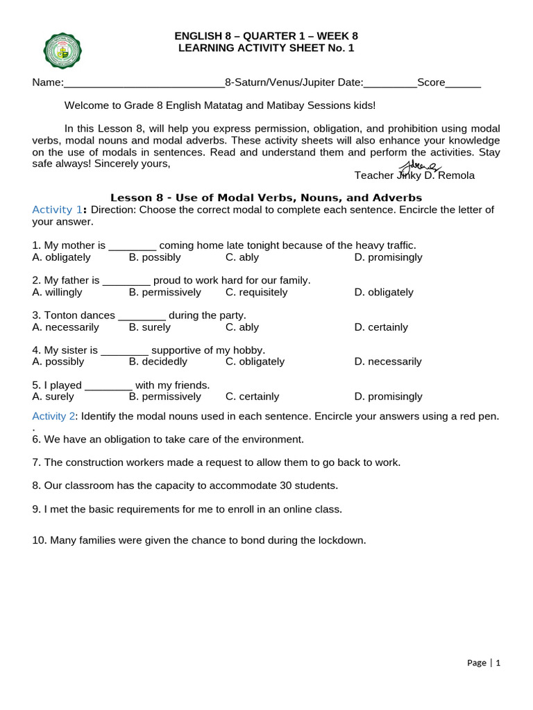 English 8 Las q1 Week 8 | PDF | English Language | Verb