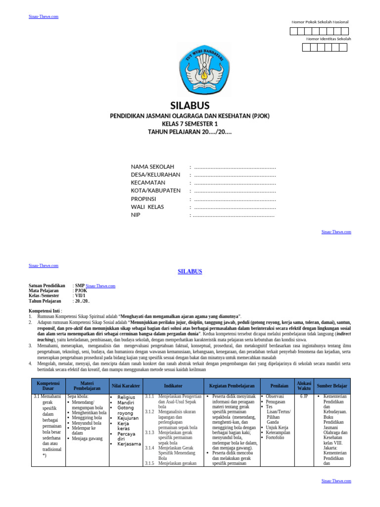 Silabus PJOK Kelas 7 Semester 1 | PDF