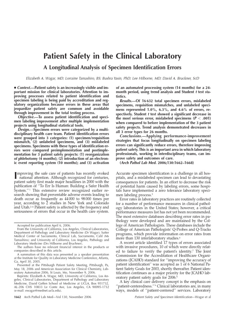 Patient Safety in The Clinical Laborator | PDF | Patient Safety ...