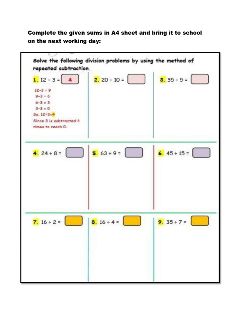 Complete The Given Sums in A4 Sheet and Bring It To School On The Next ...