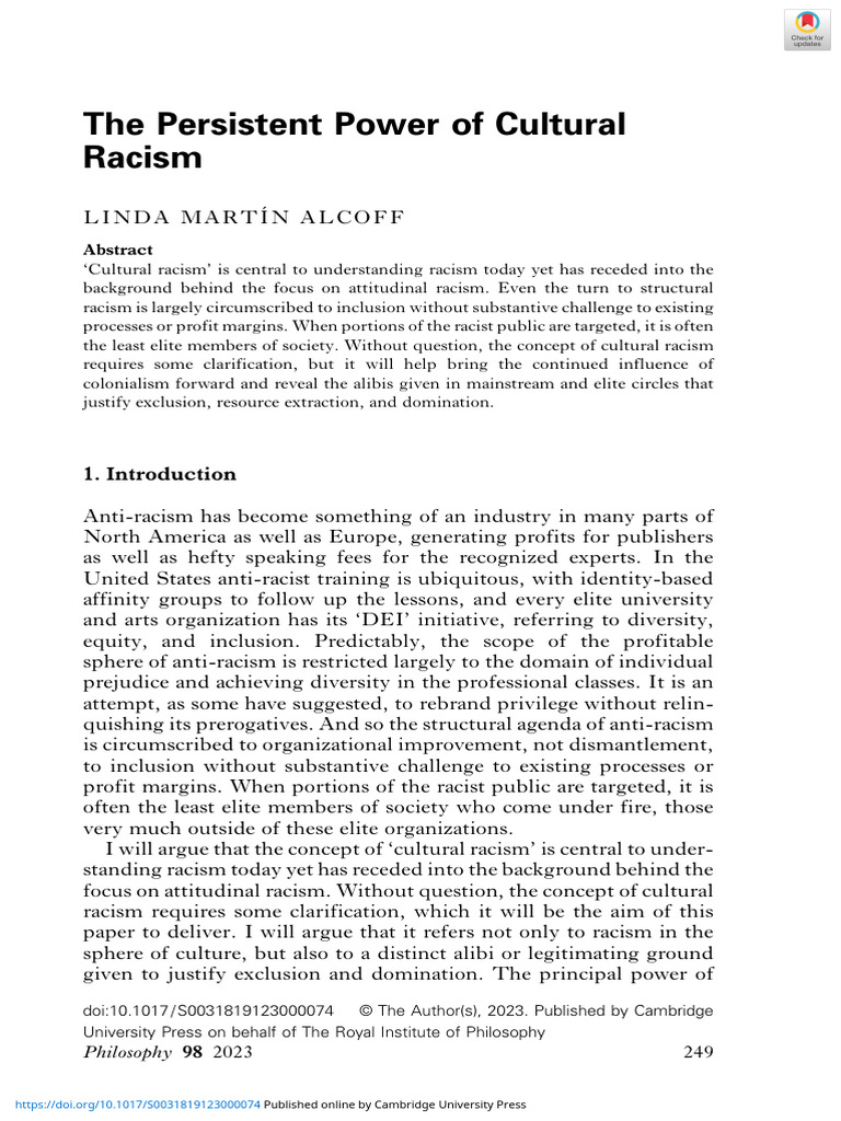 Linda Alcoff - The Persistent Power of Cultural Racism | PDF | Racism ...