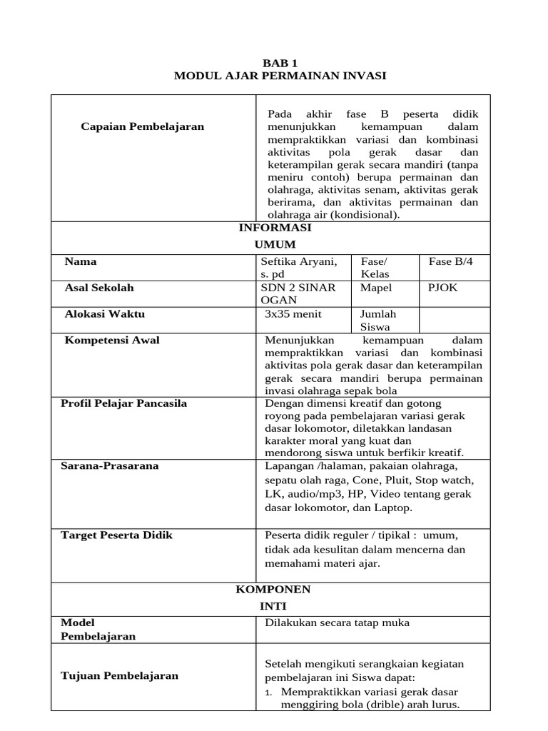 MODUL AJAR PJOK 4 (Permainan Invasi) | PDF | Karier & Perkembangan