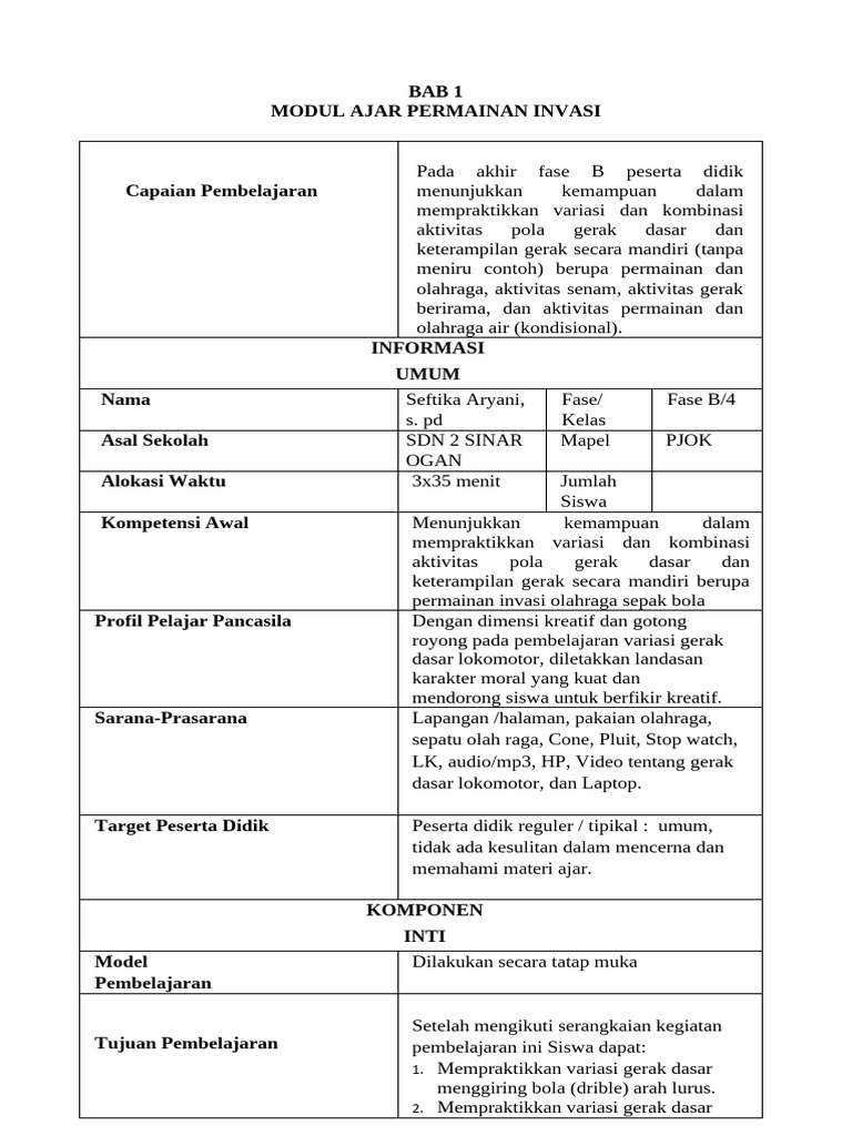 MODUL AJAR PJOK 4 (Permainan Invasi) (Repaired) | PDF