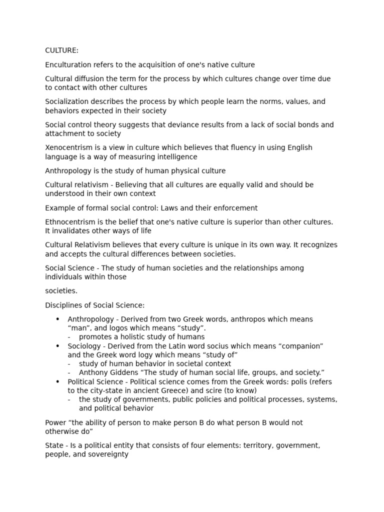 Culture Exam Notes | PDF | Deviance (Sociology) | Socialization