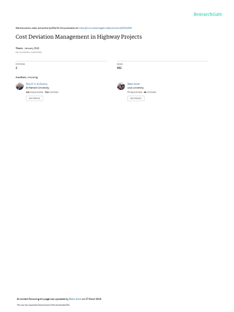 Cost Deviation Management in Highway Projects Thesis | PDF | Conceptual ...