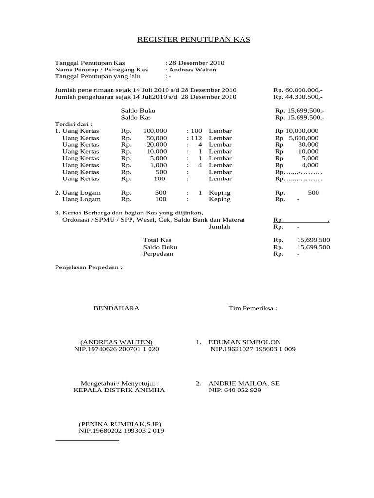 Register Penutupan Kas | PDF