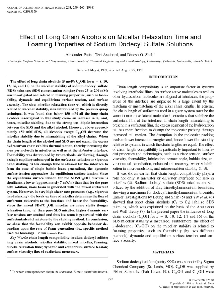 Effect of Long Chain Alcohols On Micella | PDF | Surfactant | Sodium ...