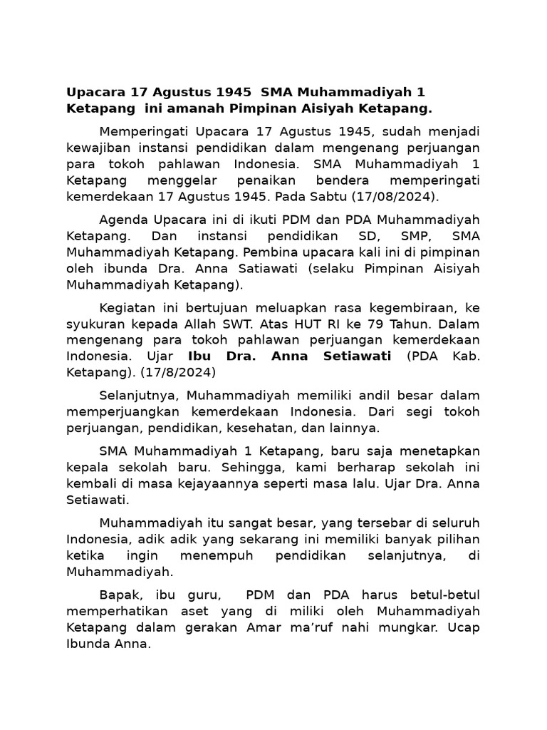 Upacara 17 Agustus 1945 SMA Muhammadiyah 1 Ketapang Ini Amanah Pimpinan Aisiyah Ketapang. | PDF ...