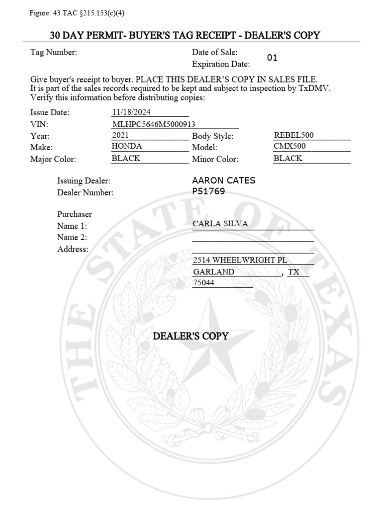 Texas 30-Day Vehicle Permit Receipt | PDF | Automotive Industry | Motor ...