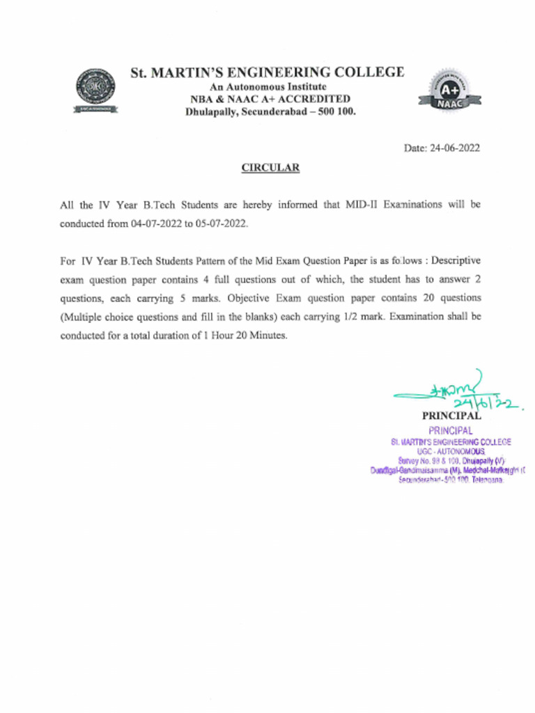 4-2 B.tech Mid-2 Exam Circular For Students | PDF