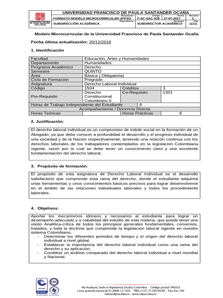 Modelo Microcurricular Derecho Laboral UFPSO | PDF | Derecho laboral ...