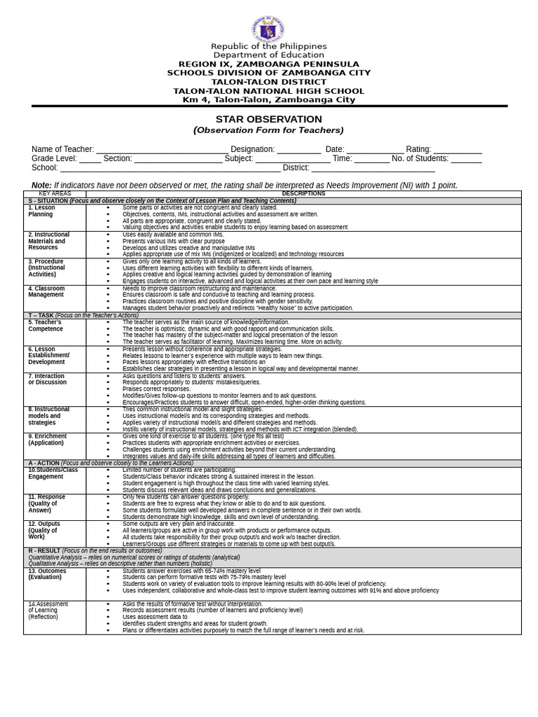 Teacher Observation Form for STAR Evaluation | PDF | Learning | Teachers