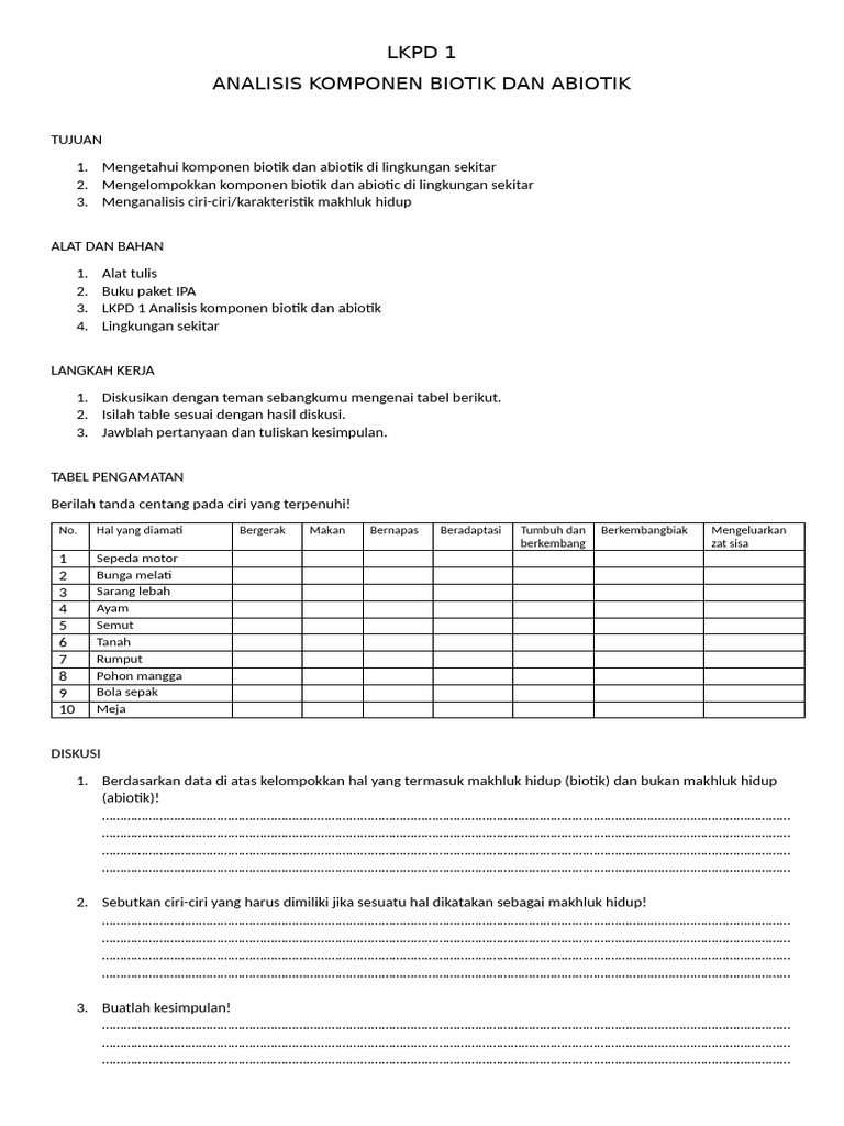 LKPD 1 Analisis Komponen Bio Abio | PDF | Griya & Taman | Sains ...