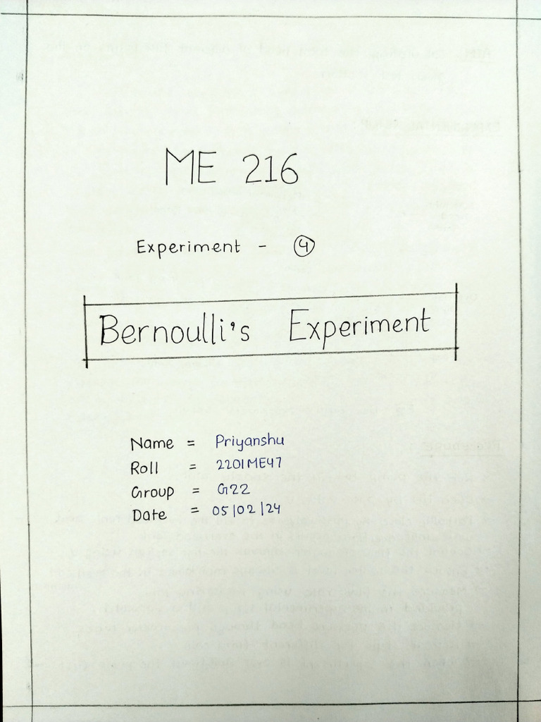 2201me47 Priyanshu Bernoulli Experiment | PDF | Mechanics | Fluid Dynamics