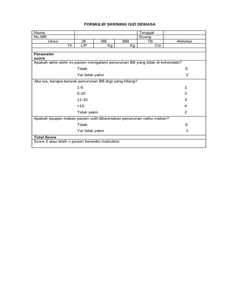 Formulir Skrining Dewasa | PDF