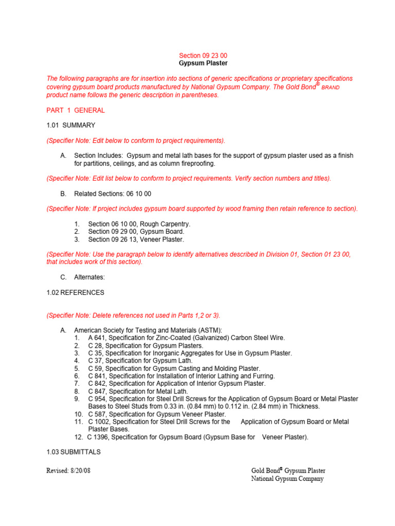 Section 09 23 00 Gypsum Plaster Guide Specifications 408862 | PDF ...