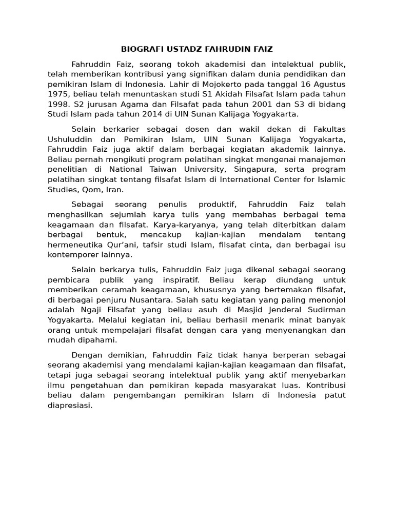 Biografi Ustadz Fahrudin Faiz | PDF | Agama & Spiritualitas